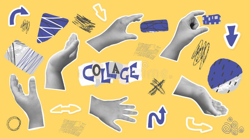 Hands Collage Set. Modern Retro Palms Elements with Arrow Abstract ...