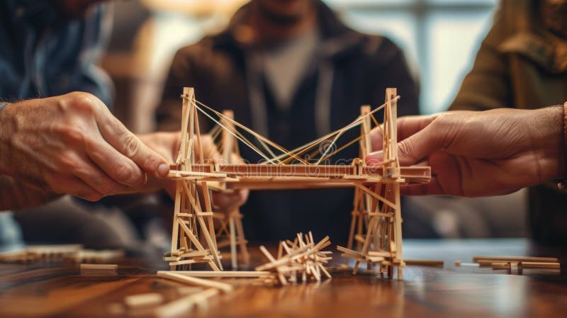 Hands Collectively Building a Miniature Bridge with Tiny Construction ...