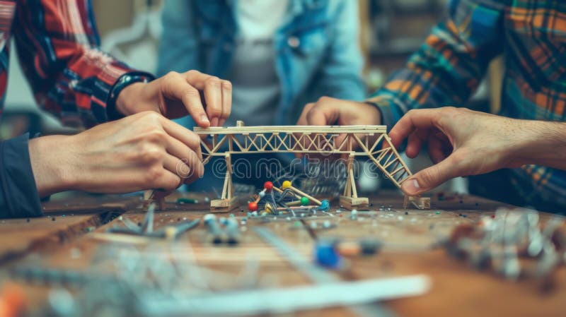 Hands Collectively Building a Miniature Bridge with Tiny Construction ...