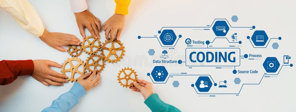 Hands Collaborating on Gears with Coding Elements and Icons ...