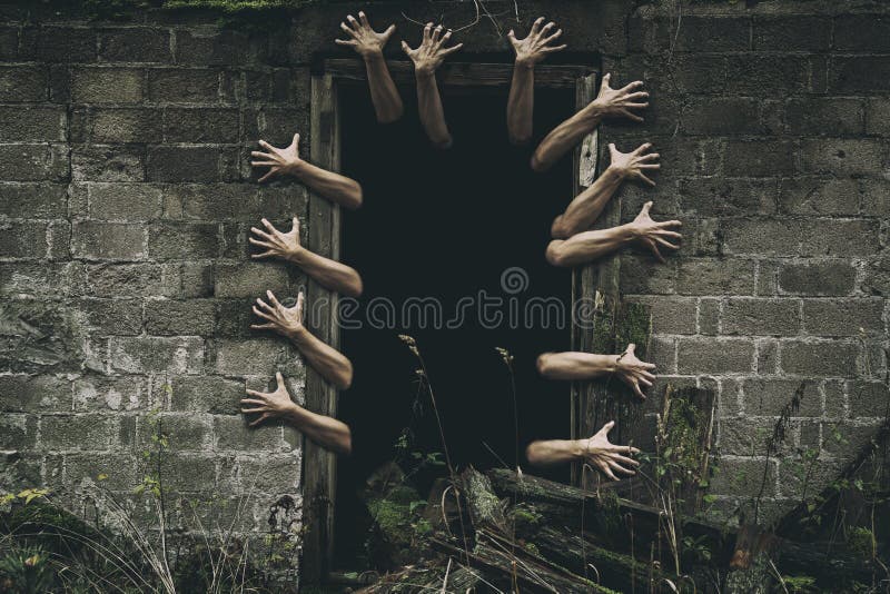 Hands Coming Out from the Door with Dark Background. Stock Photo ...