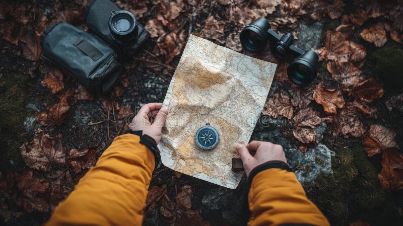 Hands with Compass on Map Surrounded by Autumn Leaves Stock Photo ...