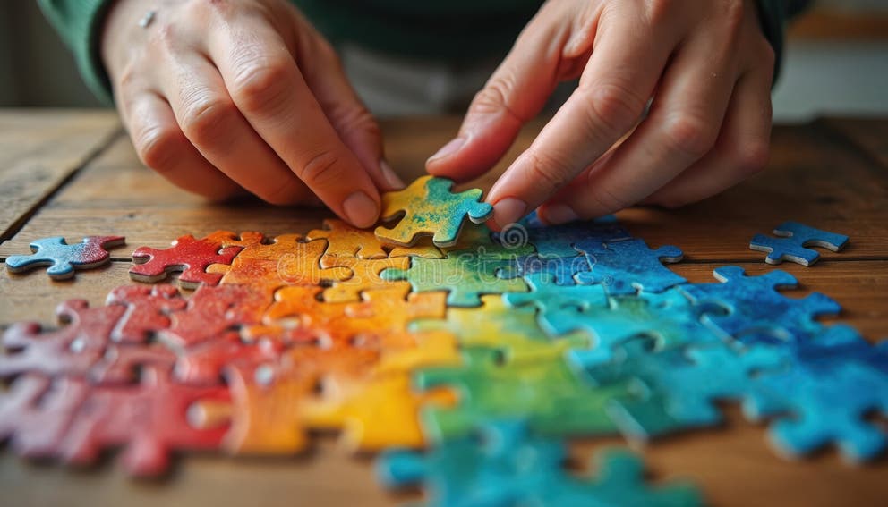 Hands Complete Colorful Jigsaw Puzzle on Rustic Wood, Solving Problem ...
