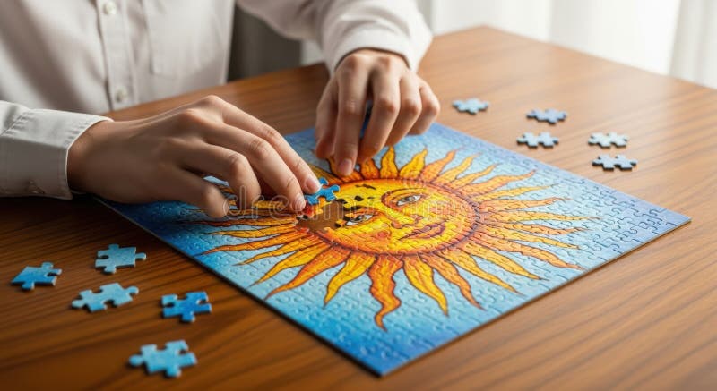 Hands Completing a Vibrant Sun Jigsaw Puzzle, Symbolizing Problem ...