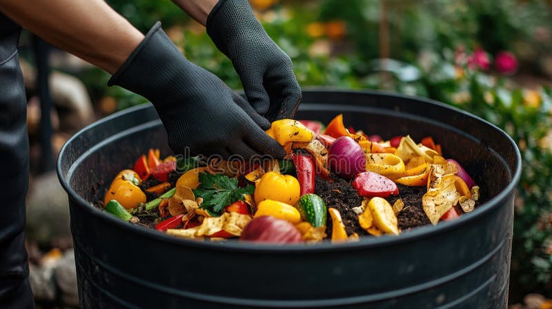 Hands Composting Colorful Vegetables in Garden with Gloved Hands Stock ...