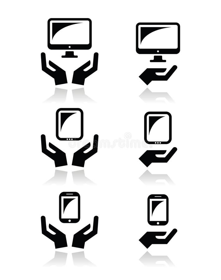 Hands with Computer, Tablet, Mobile or Cell Phone Icons Stock ...