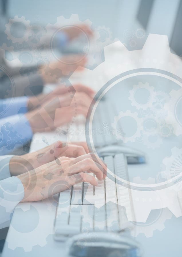 Hands at Computers with Gear Graphic Overlay Stock Photo - Image of ...