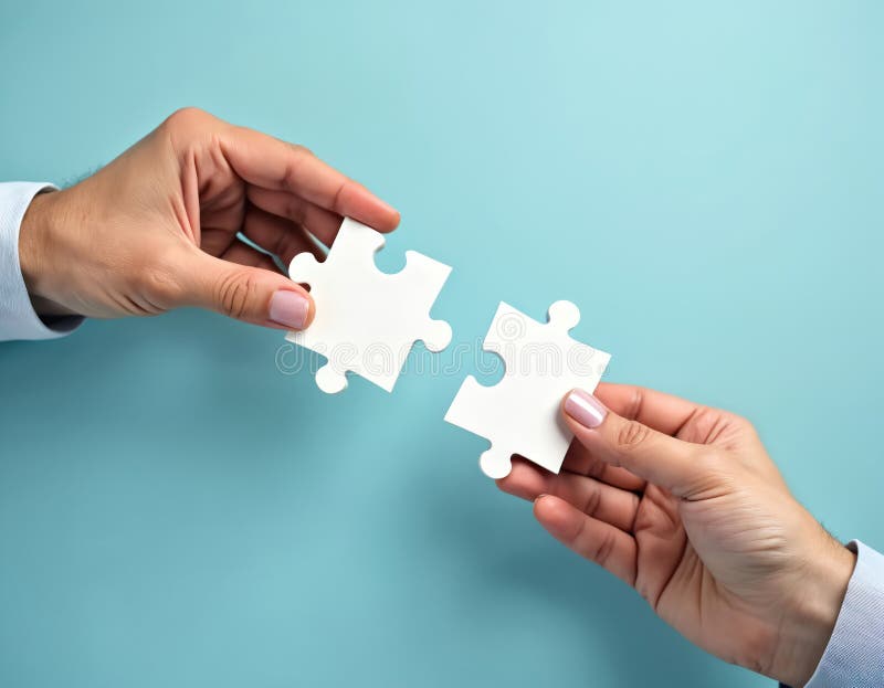 Hands Connect Puzzle Pieces, Teamwork, Business Solutions. Partners Fit Jigsaw Elements Together ...