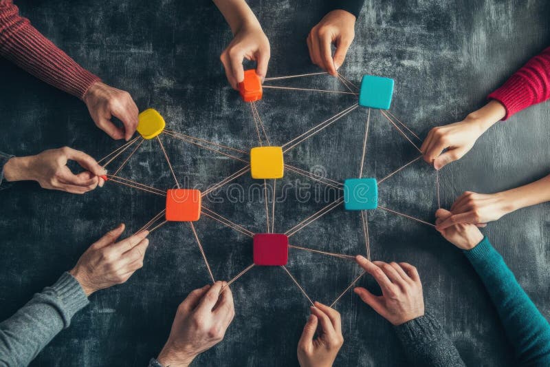 Hands Connecting Colored Blocks with String, Teamwork Concept and ...
