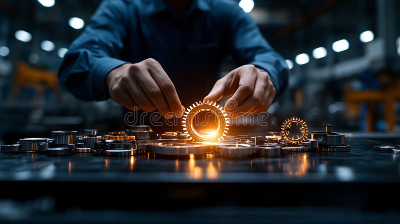 Hands Connecting Gears in Workshop Showcasing Precision and Craftsmanship Glowing Gears ...