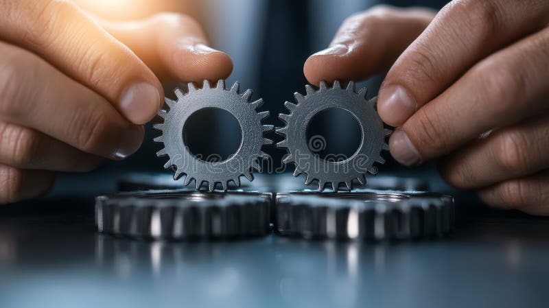 Hands Connecting Metal Gears Symbolize Engineering, Teamwork, and ...