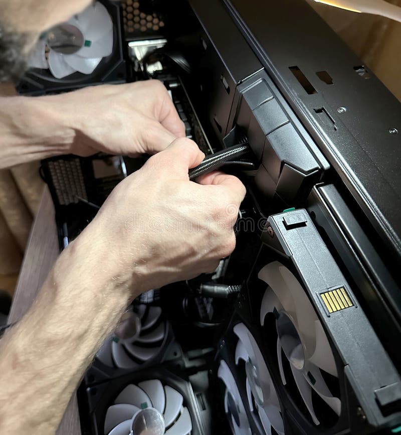 Technician S Hands Plugging Wires into Computer Stock Photo - Image of ...