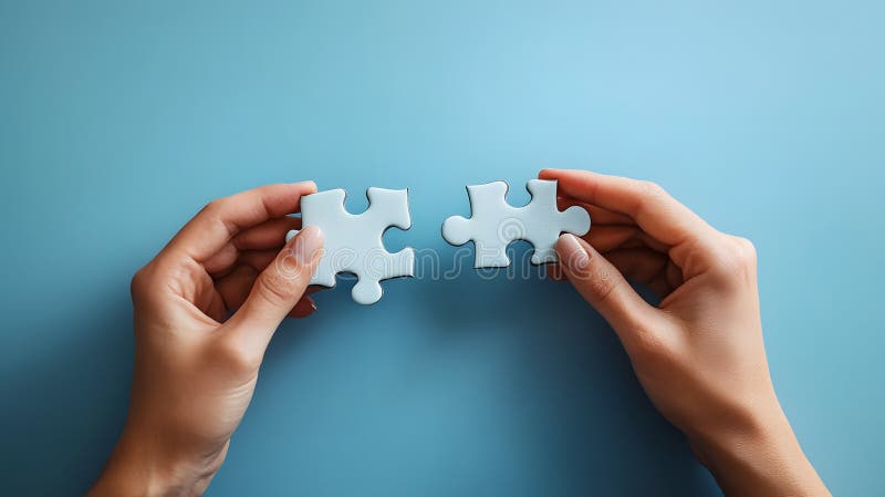 Hands Connecting Puzzle Pieces on Blue Background, Ymbolizing Problem ...