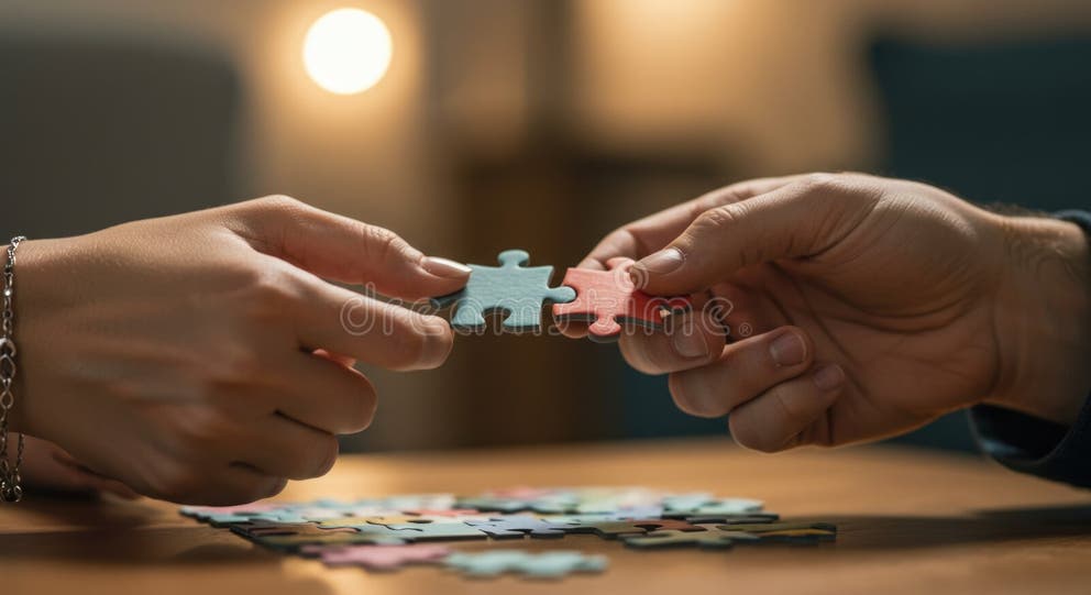 Hands Connecting Puzzle Pieces on Table Indoors Stock Image - Image of ...