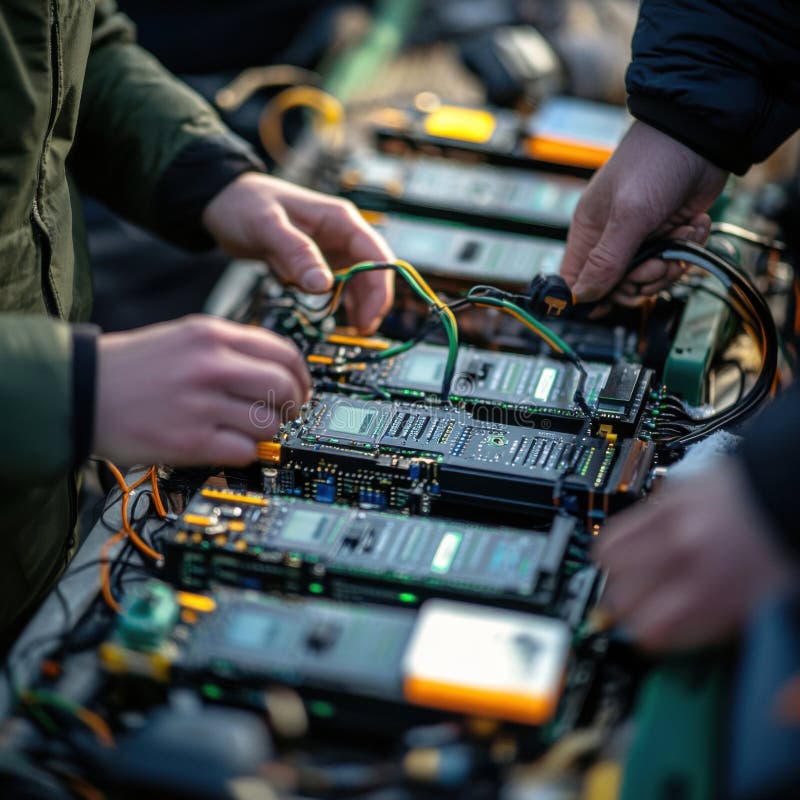 Hands Connecting Wires To Circuit Boards at Technology Workshop Stock ...