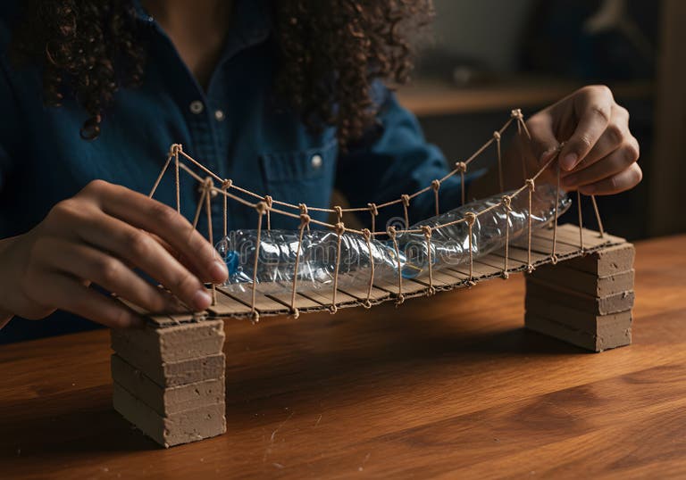 Hands Constructing Recycled Plastic Bottle Bridge Model Stock ...