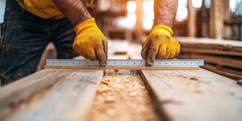 Hands of a Construction Worker Measuring Materials with a Ruler on a ...