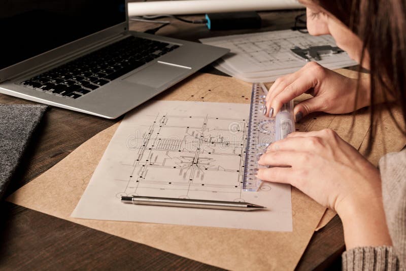 Hands of Contemporary Female Engineer or Architect with Ruler Making ...