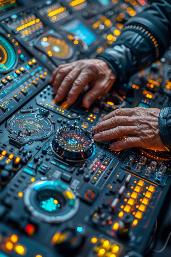 Hands Controlling a Futuristic Control Panel with Various Buttons ...