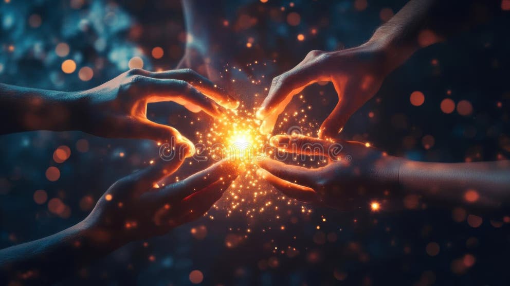 Hands Converge on Luminous Point, Collaboration for Bright Ideas and Connection Stock Image ...