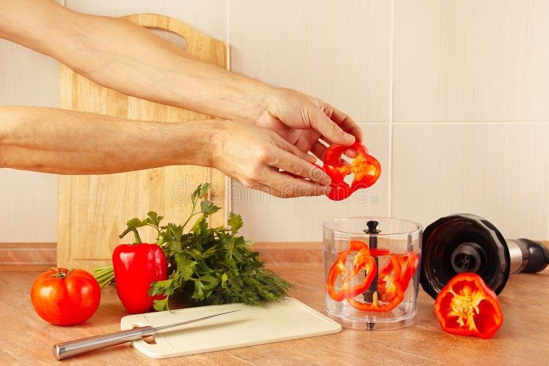 Hands Cook Put Chopped Red Pepper in Blender Stock Photo - Image of ...