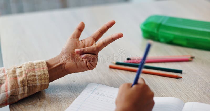 Hands, Counting and Child in Classroom, Numbers and Writing of Homework ...