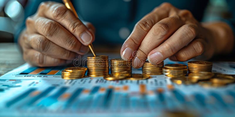 Hands Counting Coins and Analyzing Financial Charts Data on a Desk in a ...