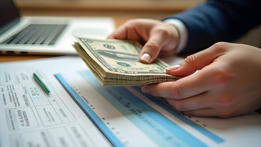 Hands Counting Dollar Bills with a Tax-related Document in the ...