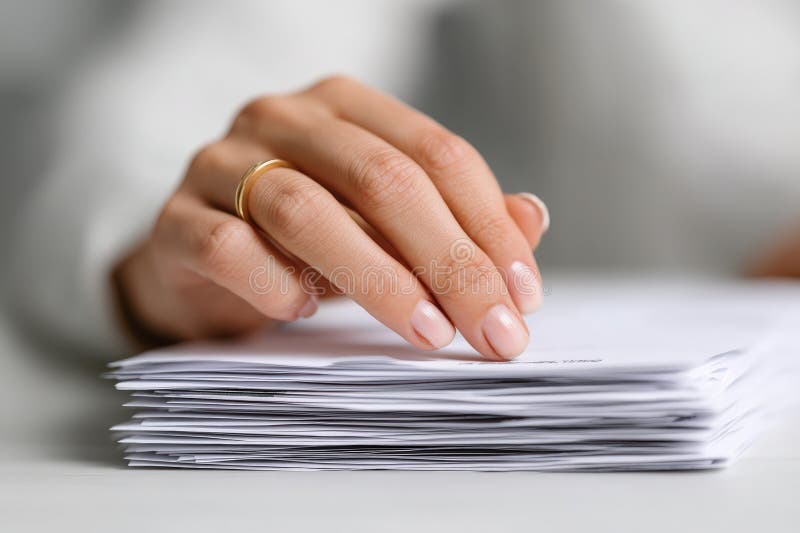Hands Counting and Organizing Documents on a Table in a Focused ...