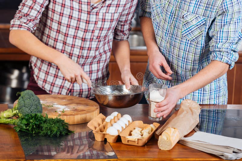 Hands of Couple Beating Eggs and Cooking Together on Kitchen Stock ...