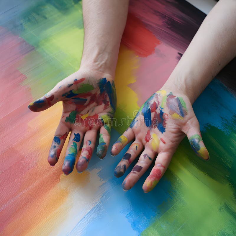 Hands Covered in Colorful Paint Rest on Painted Canvas, Exuding ...