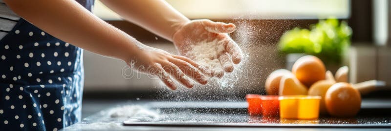 Hands Covered in Flour during Baking Preparation Over Kitchen Counter ...