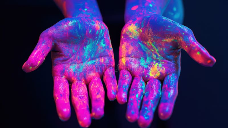 Hands Covered in Neon Paint Under Blacklight Stock Photo - Image of ...
