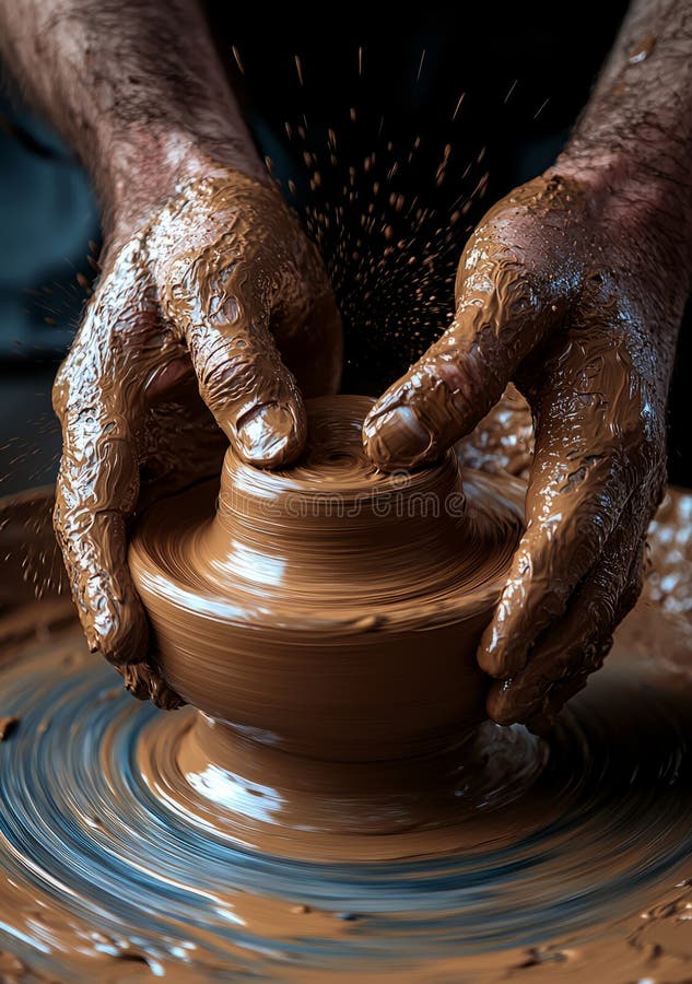Hands Covered in Wet Clay at a Pottery Wheel, with Spinning Clay Stock ...