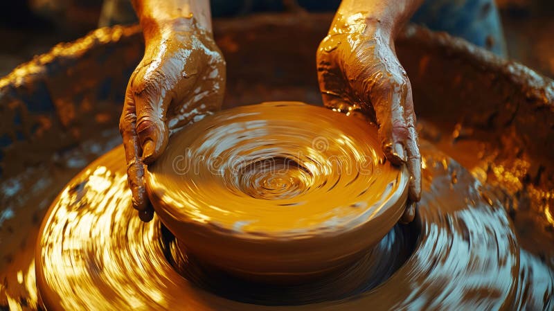 Hands Covered in Wet Clay at a Pottery Wheel, with Spinning Clay Stock ...