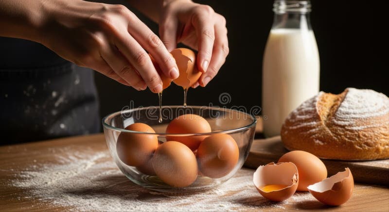 Hands Cracking an Egg for Baking Preparation with Fresh Ingredients on ...