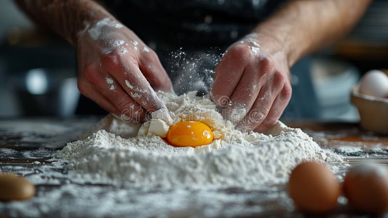 Hands Cracking an Egg into Flour on Wooden Table, Baking Skill Behind ...
