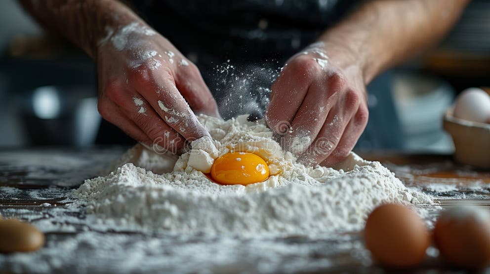 Hands Cracking an Egg into Flour on Wooden Table, Baking Skill Behind ...