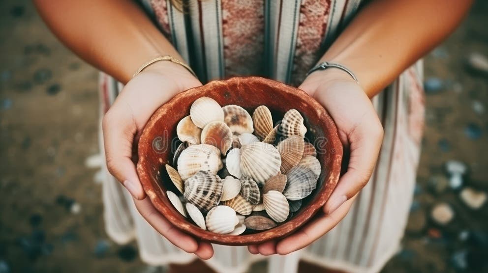 Hands Cradle the Ocean& X27;s Secrets, a Shell at a Time. Stock ...