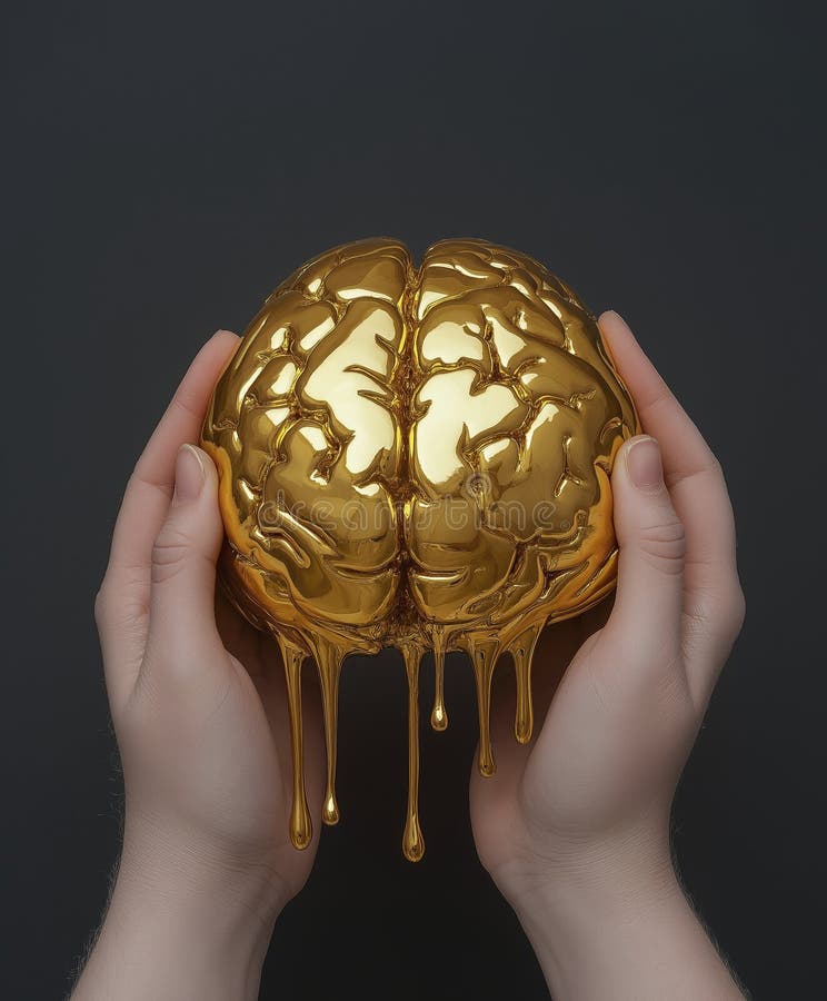 Golden Brain Held Delicately by Hands, Symbolizing Creativity and ...