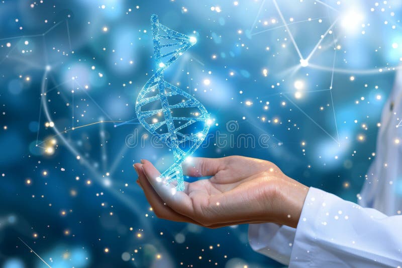 Hands Cradle a Sparkling Cyan DNA Model Under Starlight, Emphasizing ...
