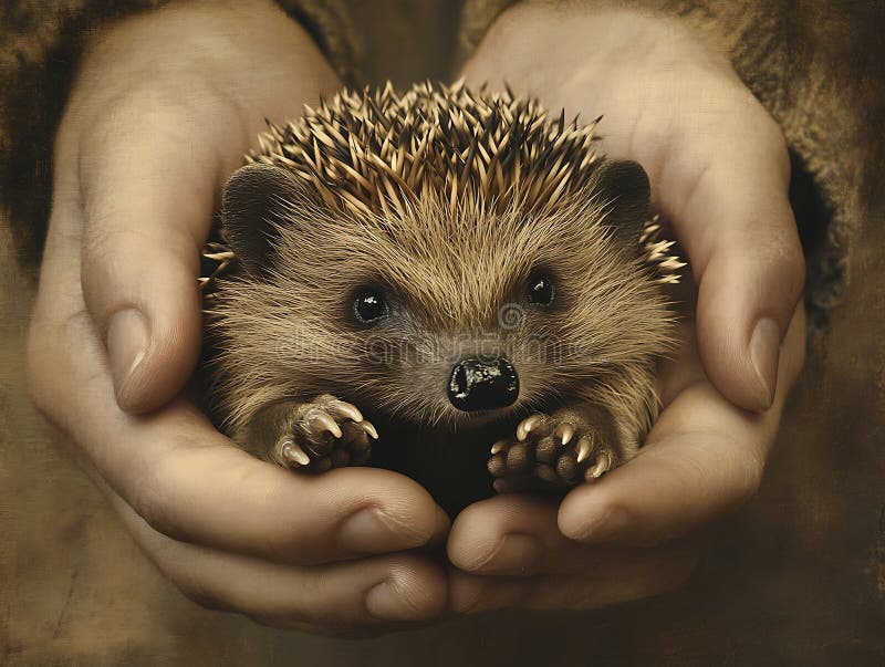Hands Cradling a Cute Hedgehog with Spiky Fur in Warm Tones Stock ...