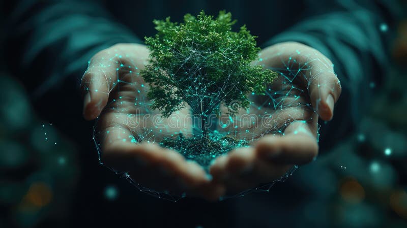 Hands Cradling Digital Tree Symbolizing Technology and Nature ...