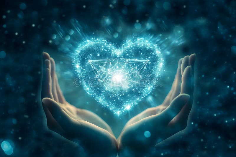 Hands Cradling Futuristic Heart of Light and Energy Stock Illustration ...