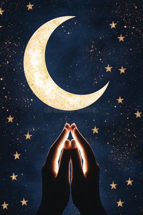 A Glowing Crescent Moon is on a Blue Background. Stock Image - Image of ...