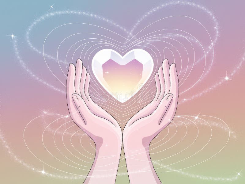 Hands Cradling Iridescent Heart with Sparkling Energy in Pastel ...