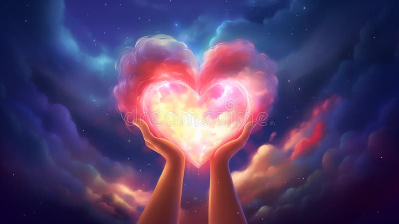 Hands Cradling a Luminous Heart among Vibrant Clouds Stock Image ...