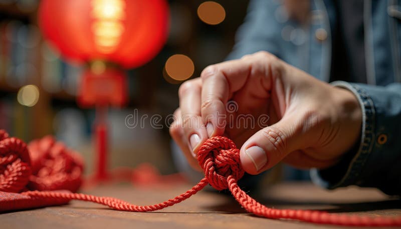 Hands Crafting Red Rope Knot with Cozy Lantern Backdrop, Symbolizing ...