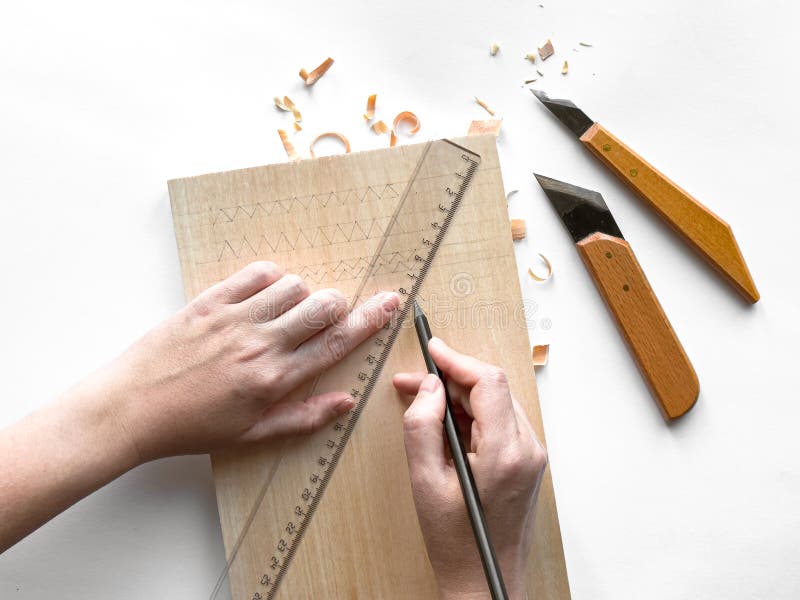 Hands Crafting Wood with Precision Tools and Geometric Patterns Design ...