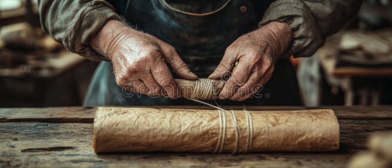 Hands of a Craftsman Wrap Twine Around a Rolled Parchment, Showcasing ...